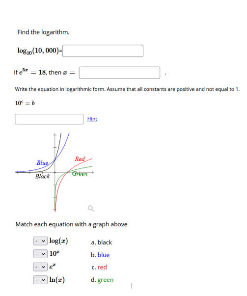 Solved Find the logarithm. log10(10,000)= If e5x=18, then x= | Chegg.com