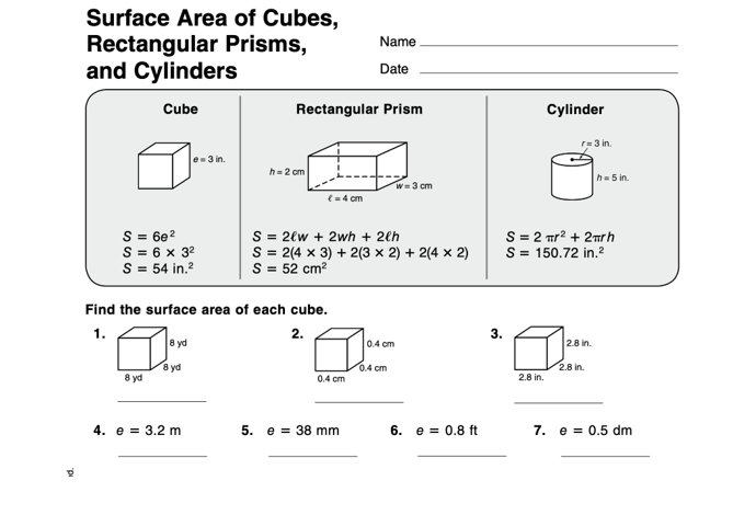 Solved Name Surface Area of Cubes, Rectangular Prisms, and | Chegg.com