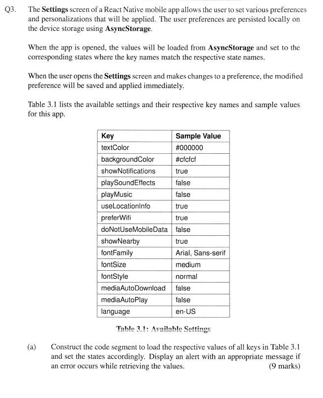 The Settings screen of a React Native mobile app | Chegg.com