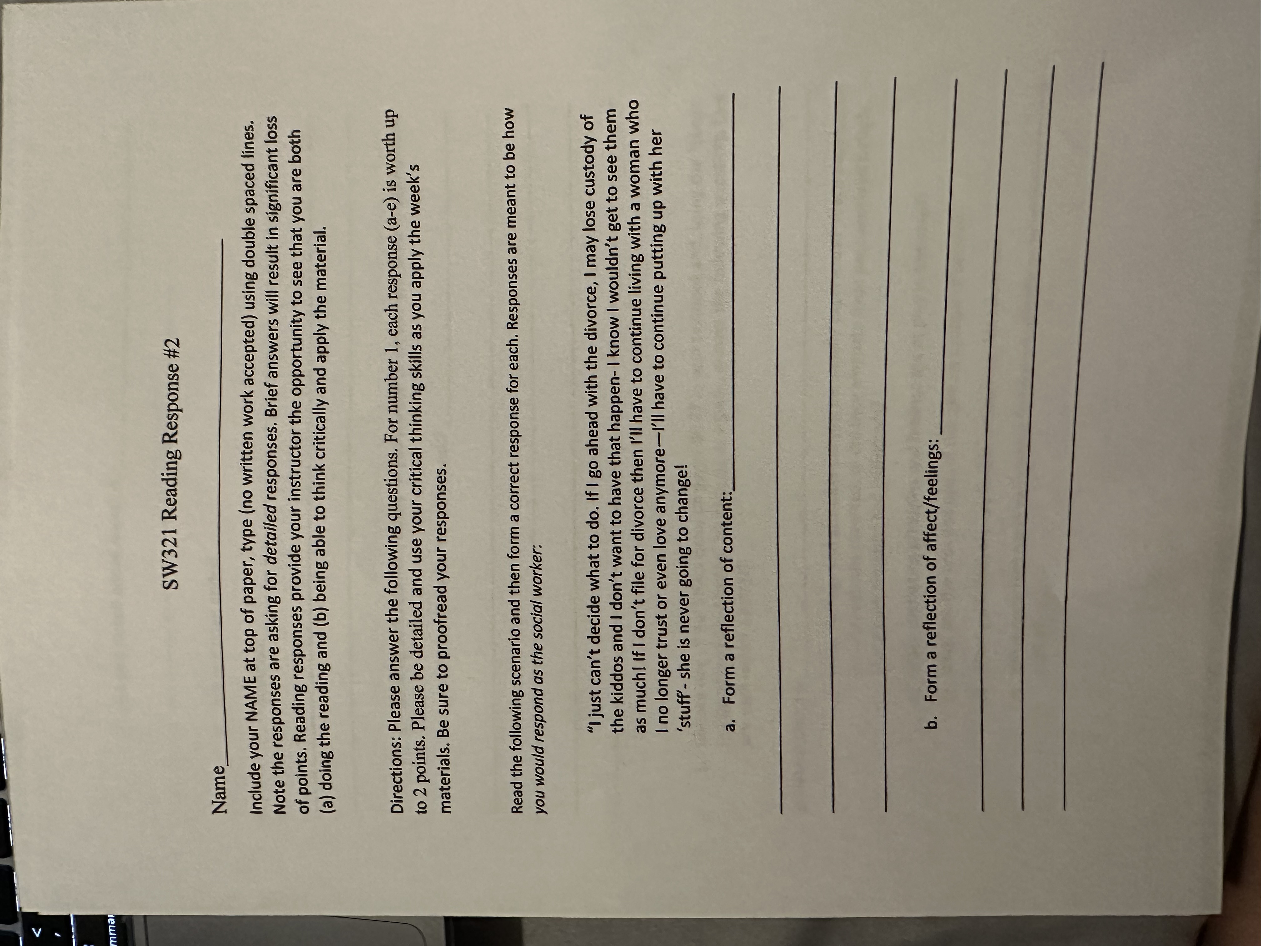 Solved SW321 ﻿Reading Response #2NameInclude your NAME at | Chegg.com