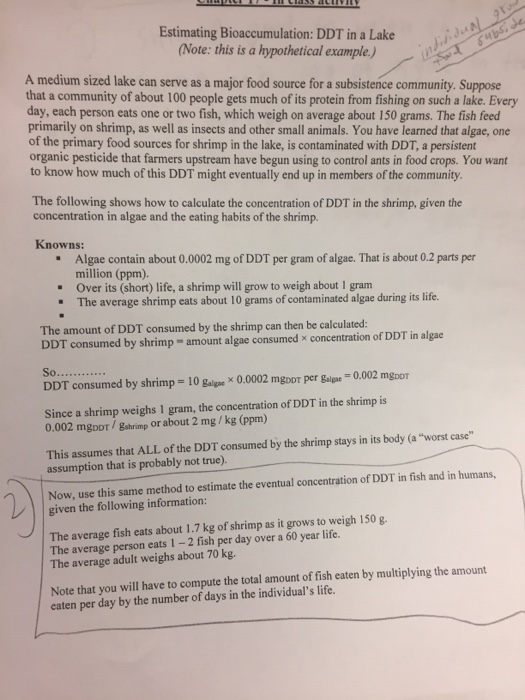 Solved Estimating Bioaccumulation: DDT in a Lake Note: this | Chegg.com
