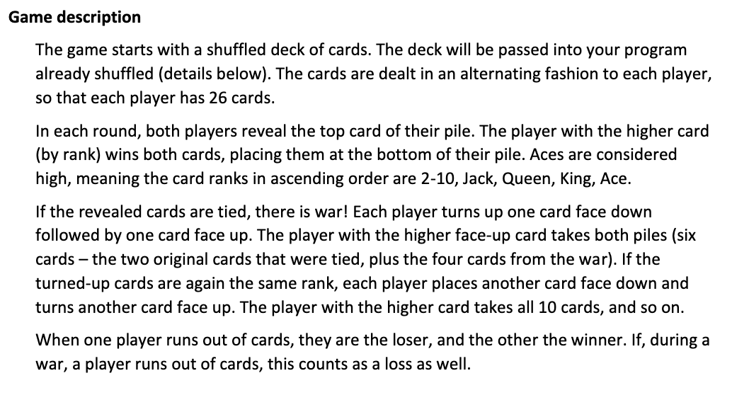 Solved The game starts with a shuffled deck of cards. The | Chegg.com