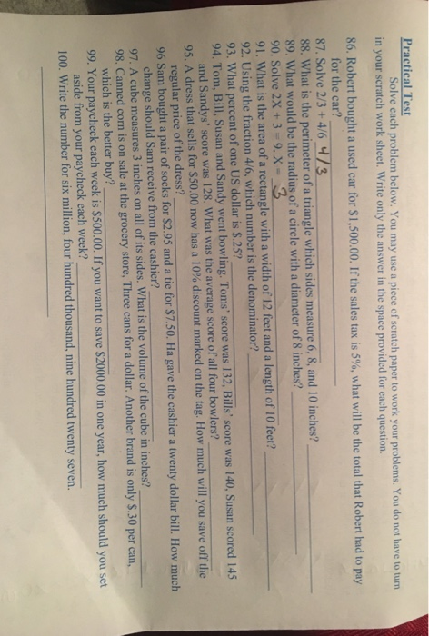 Solved Practical Test in your scratch work sheet. Write only | Chegg.com