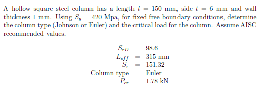 Solved A hollow square steel column has a length 1 = 150 mm, | Chegg.com
