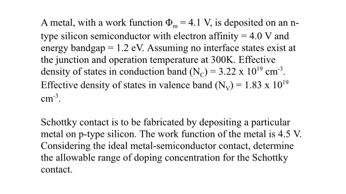 Solved A metal, with a work function Φ,-41 V, is deposited | Chegg.com