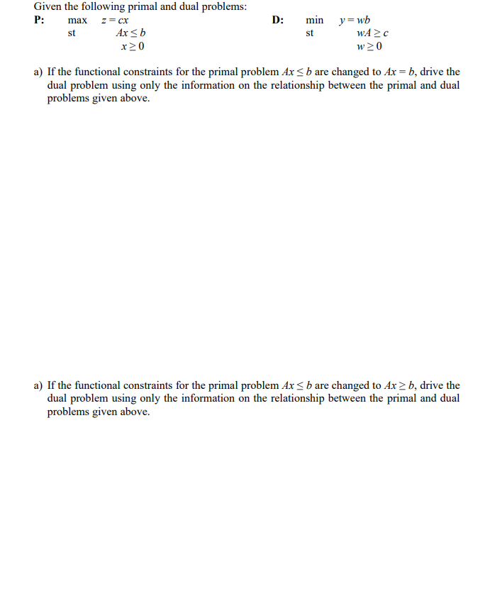 Solved D: min Given the following primal and dual problems: | Chegg.com
