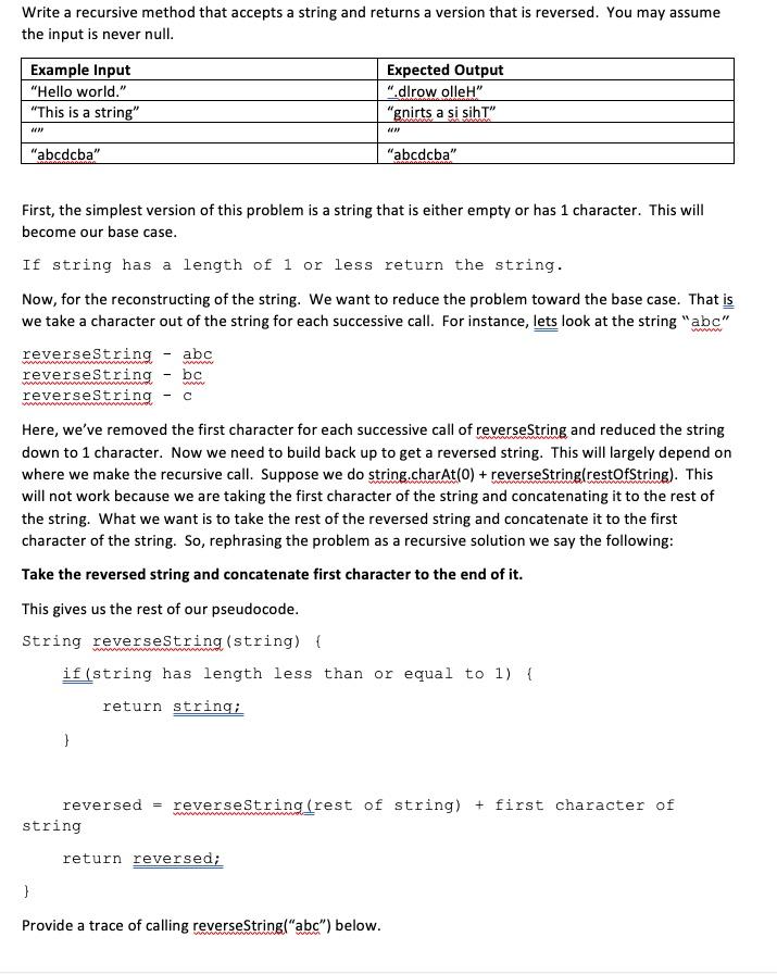 Solved Write a recursive method that accepts a string and | Chegg.com