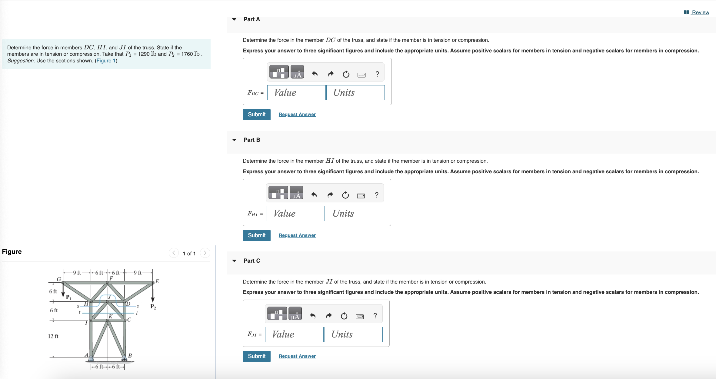 Solved Determine the force in members DC,HI, and JI of the | Chegg.com
