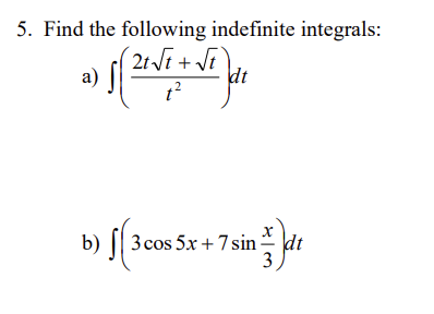 Solved 5. Find the following indefinite integrals: a) | Chegg.com