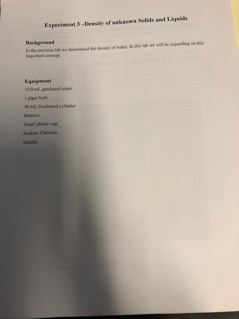 Solved Experiment 3 -Density of unknown Solids and Liquids | Chegg.com