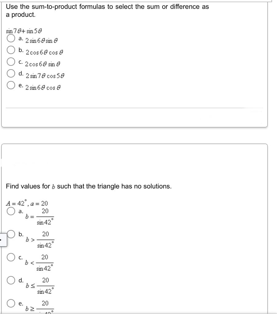 Solved Use the sum-to-product formulas to select the sum or | Chegg.com