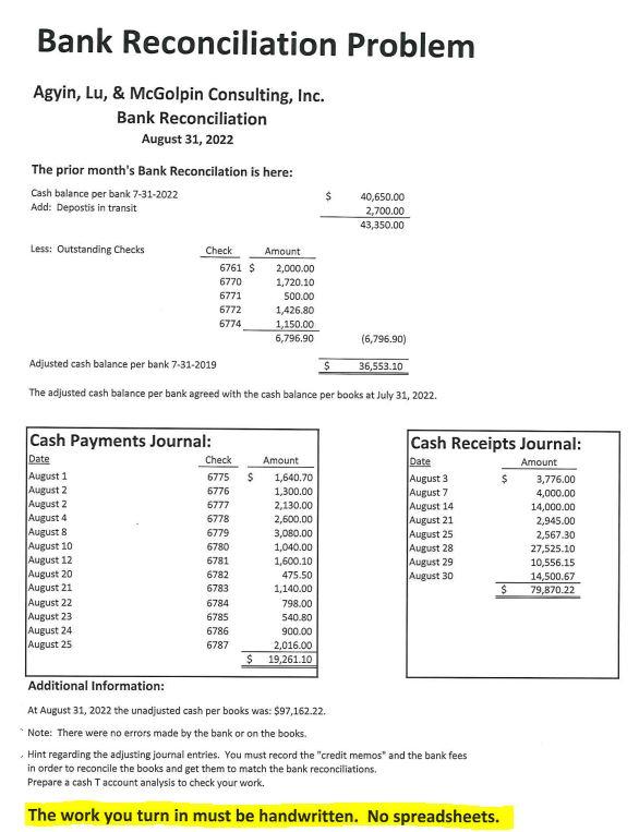 Solved Bank Reconciliation Problem Agyin, Lu, \& McGolpin | Chegg.com
