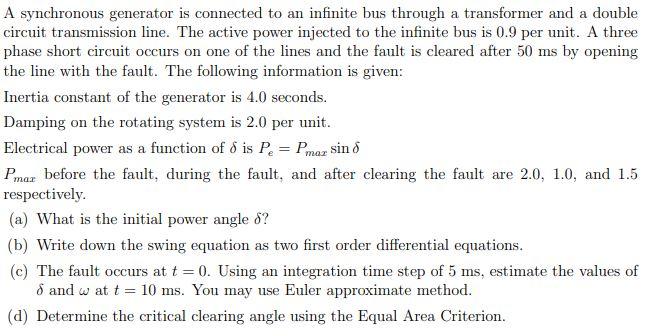 Solved A synchronous generator is connected to an infinite | Chegg.com