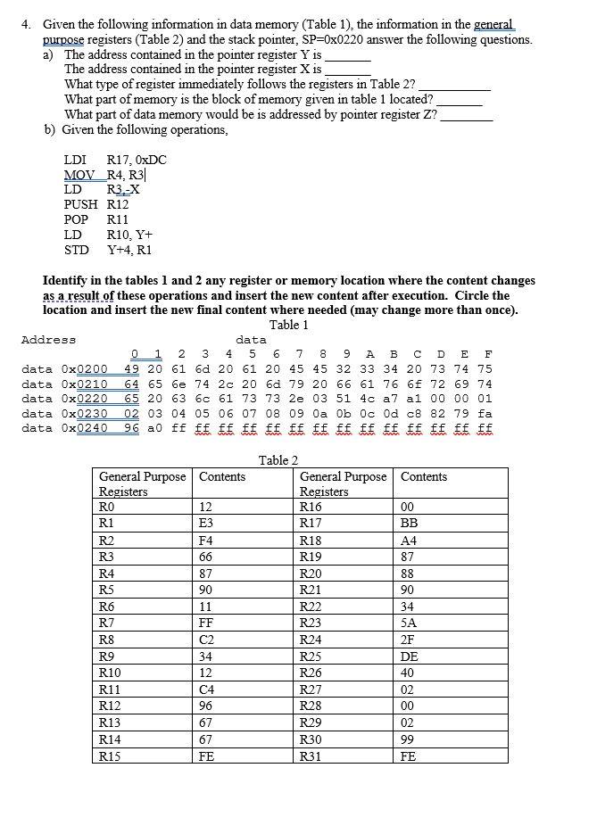 Solved 4. Given the following information in data memory | Chegg.com