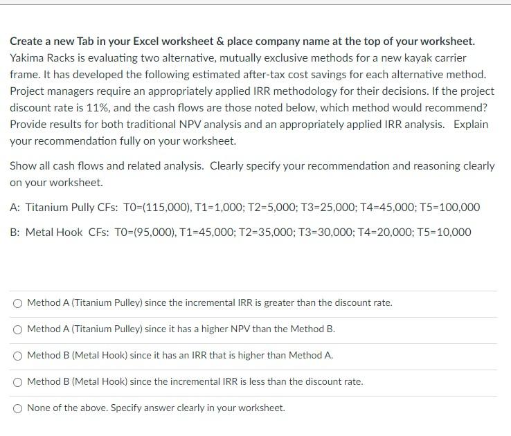 Solved Create a new Tab in your Excel worksheet \& place | Chegg.com