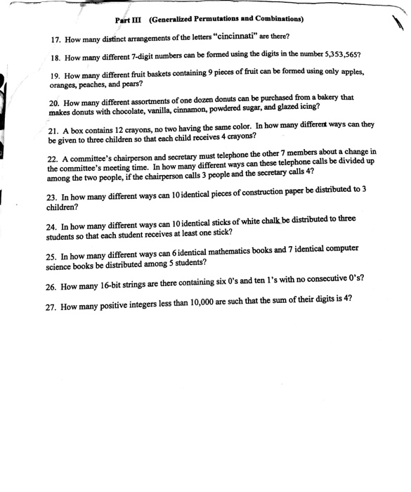 Solved Part III (Generalized Permutations and Combinations) | Chegg.com