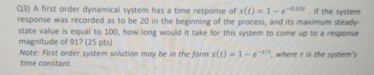 Solved Q3) A first order dynamical system has a time | Chegg.com