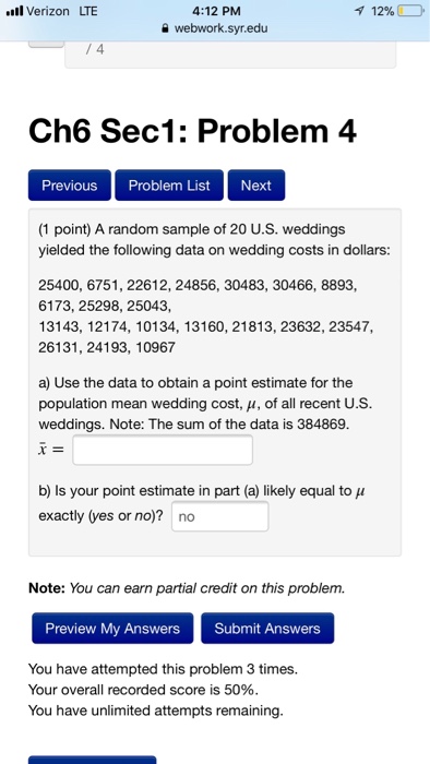 Solved l Verizon LTE 4:12 PM webwork.syr.edu Ch6 Sec1: | Chegg.com