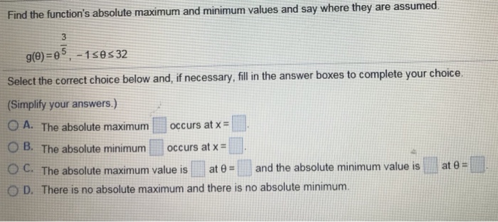 Solved Find the function's absolute maximum and minimum | Chegg.com
