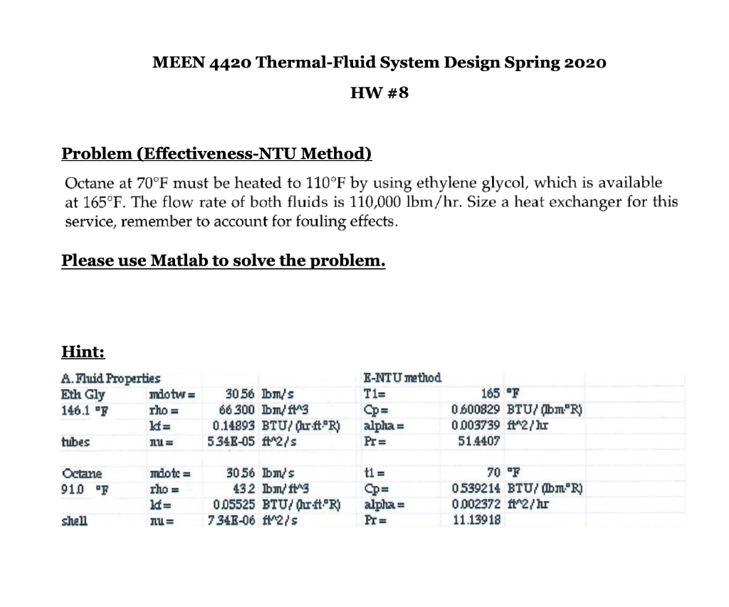 MEEN 4420 Thermal-Fluid System Design Spring 2020 HW | Chegg.com