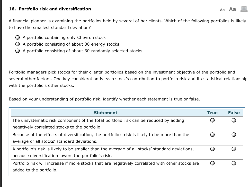 Solved 16. Portfolio risk and diversification Aa Aa E A | Chegg.com