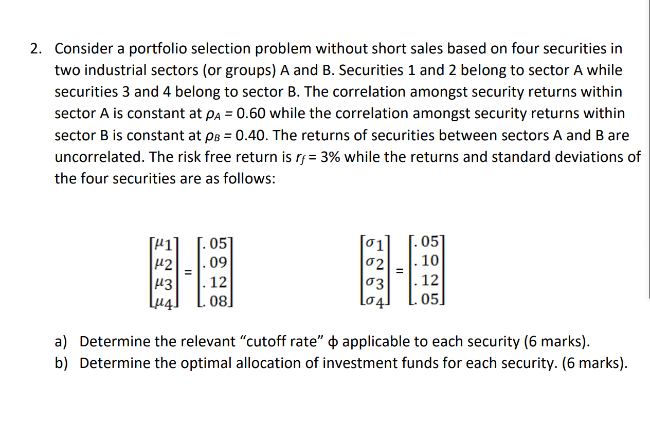 2. Consider a portfolio selection problem without | Chegg.com