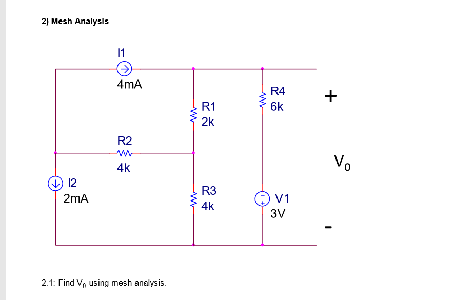 Solved 2) Mesh Analysis 4mA R4 6k R1 2k R2 4K 12 R3 4k 2mA | Chegg.com