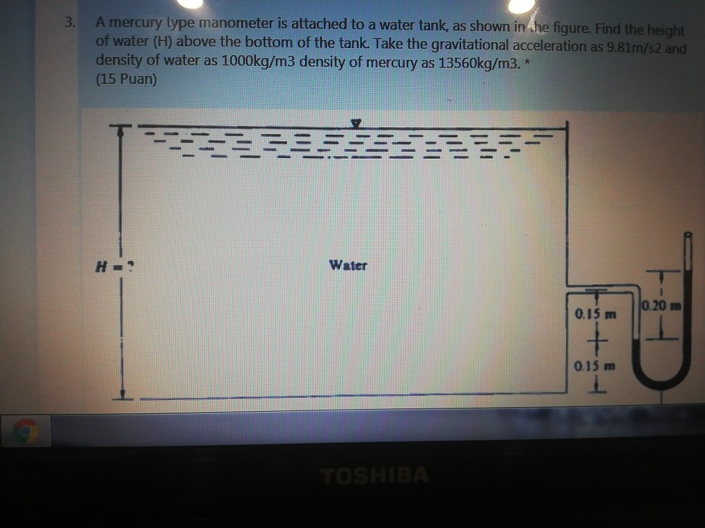 Solved 3. A mercury type manometer is attached to a water | Chegg.com
