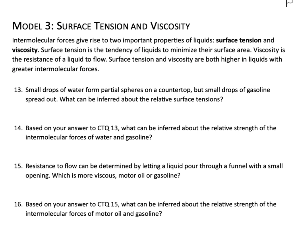 Solved MODEL 3: SURFACE TENSION AND VISCOSITY Intermolecular | Chegg.com