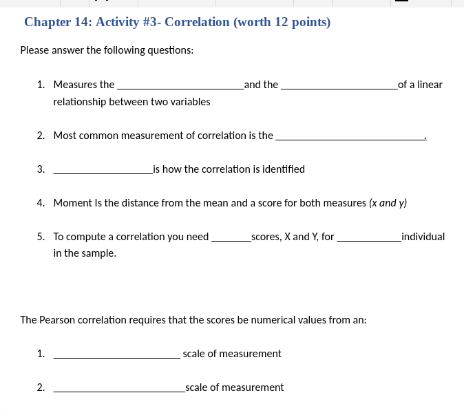 Solved Chapter 14: Activity #3- Correlation (worth 12 | Chegg.com