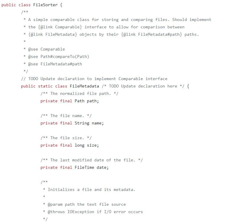 public class FileSorter \{ /** * A simple | Chegg.com | Chegg.com