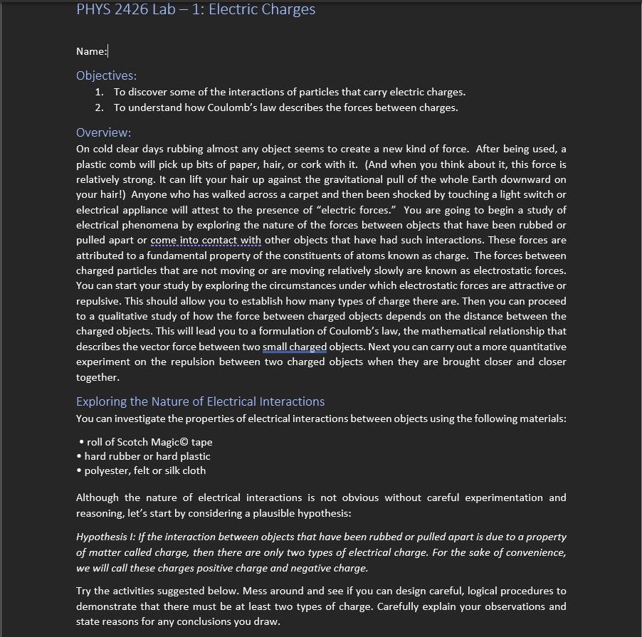 Solved PHYS 2426 Lab – 1: Electric Charges Name: Objectives: | Chegg.com
