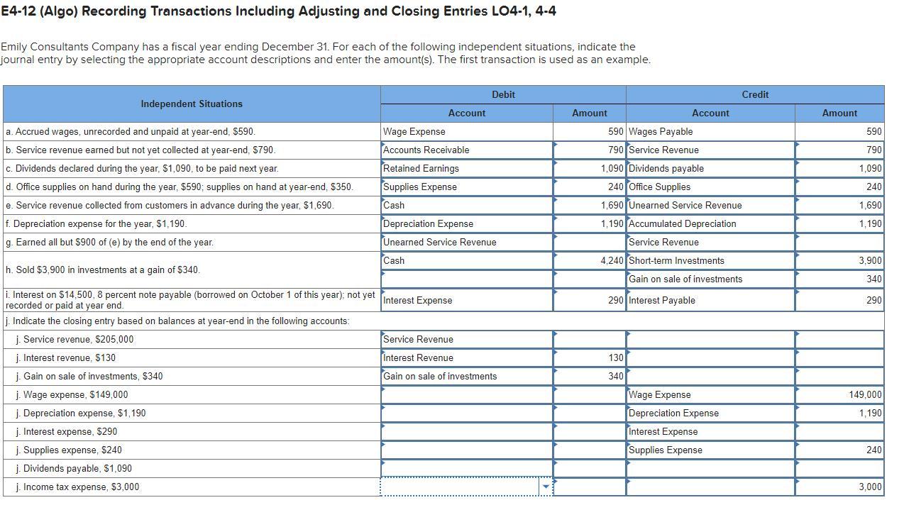 Solved E4-12 (Algo) Recording Transactions Including | Chegg.com