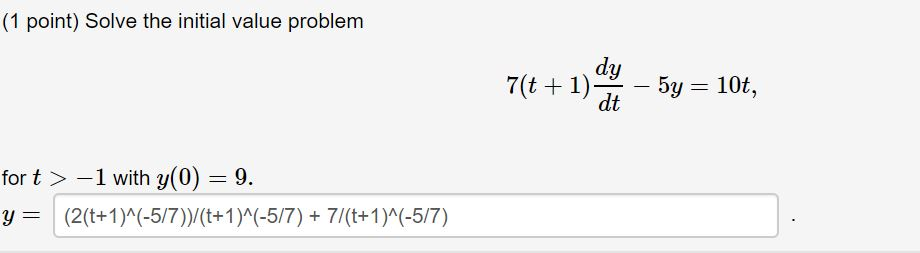 Solved |(1 point) Solve the initial value problem dy 5y 10t, | Chegg.com