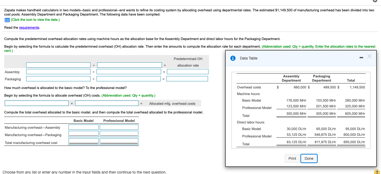 Solved Zapata makes handheld calculators in two | Chegg.com
