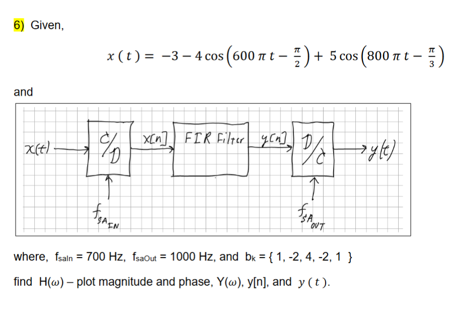 6) Given, x(t)=−3−4cos(600πt−2π)+5cos(800πt−3π) and | Chegg.com