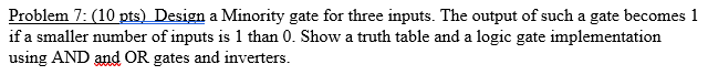 Solved Problem 7:(10 pts) Design a Minority gate for three | Chegg.com