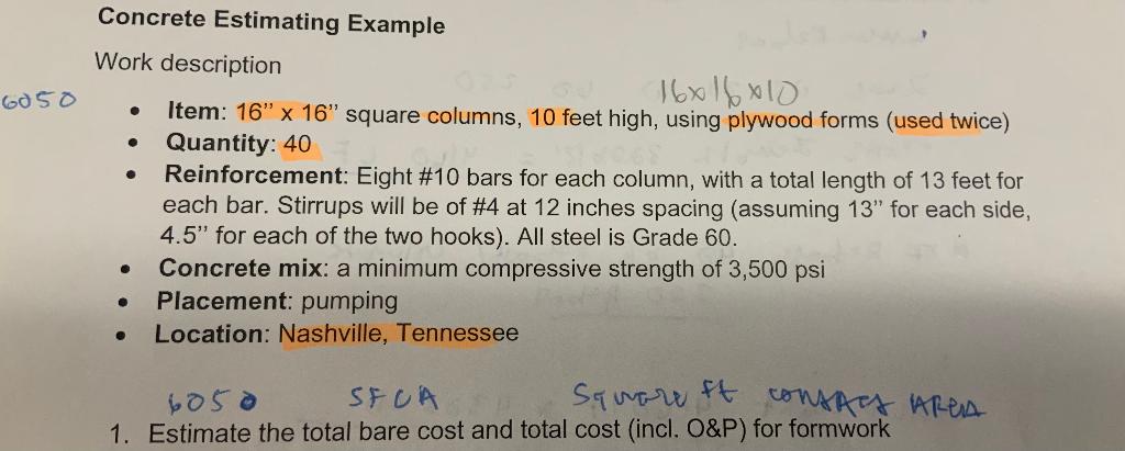 Concrete Estimating Example Work description - Item: | Chegg.com