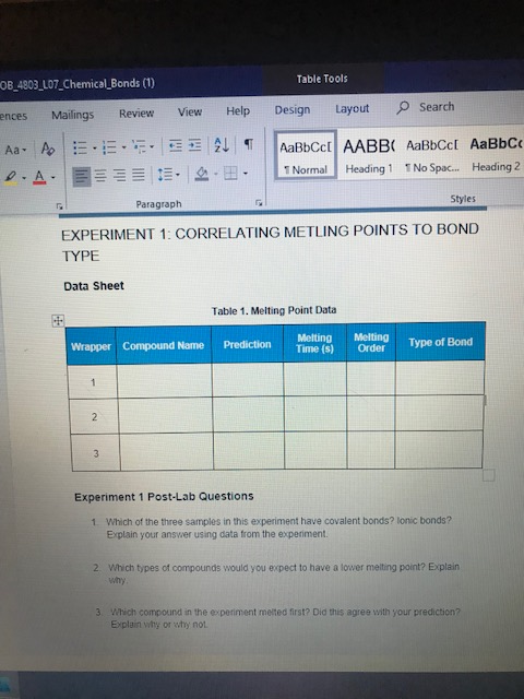 Table Tools 0B_4803_LO7_Chemical_Bonds (1) ences | Chegg.com
