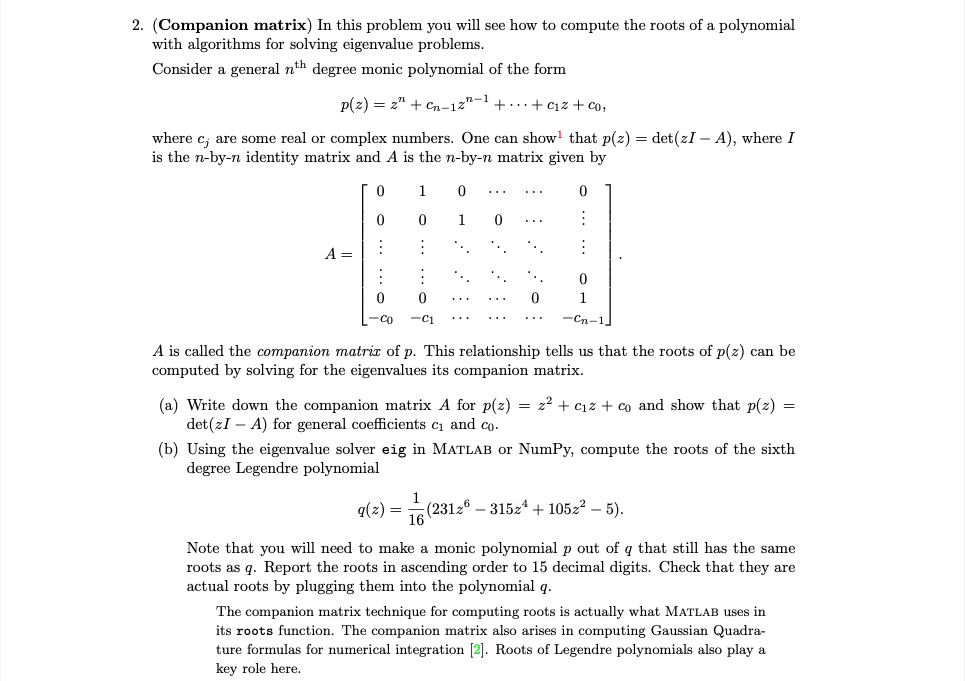 Solved 2. (Companion matrix) In this problem you will see | Chegg.com