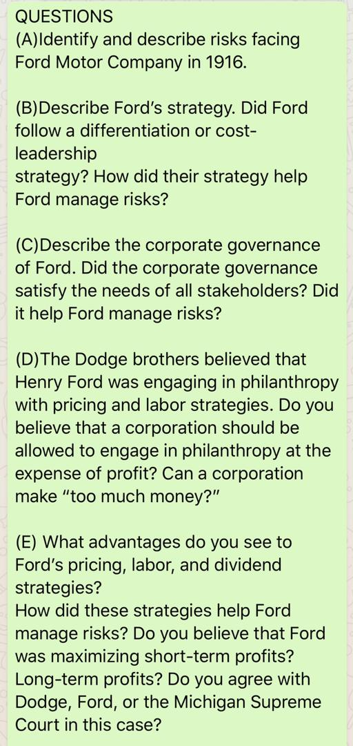 QUESTIONS (A)ldentify and describe risks facing Ford | Chegg.com