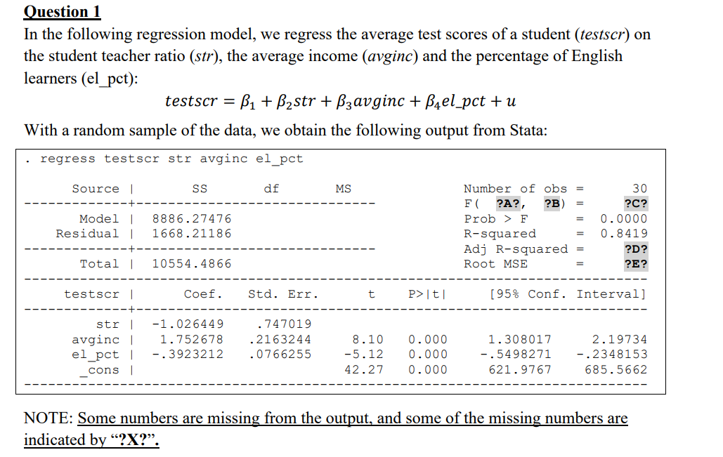 Solved Question 1 In The Following Regression Model We 5682