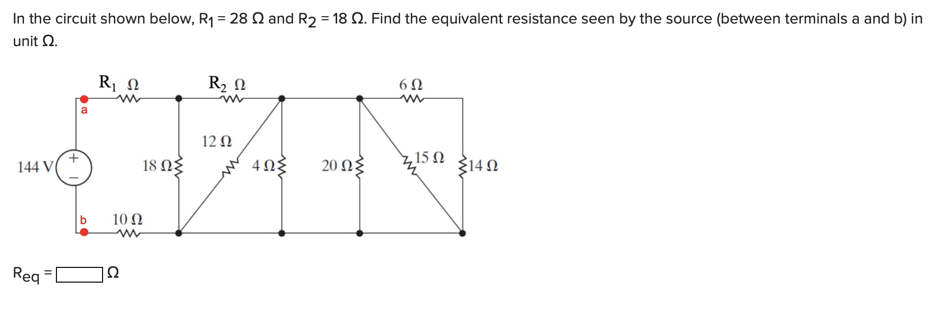 Solved In the circuit shown below, R1 = 28 12 and R2 = 18 | Chegg.com