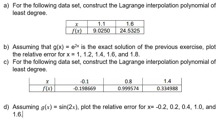 Solved a) For the following data set, construct the Lagrange | Chegg.com