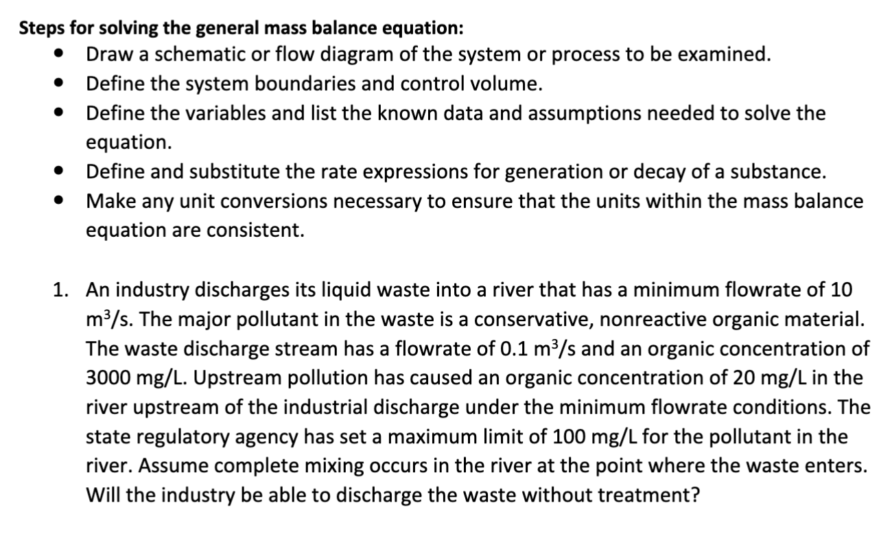 Solved Steps for solving the general mass balance equation: | Chegg.com