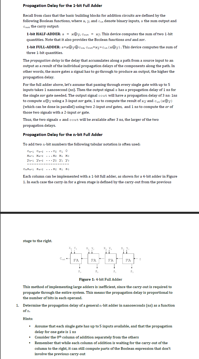 Solved Propagation Delay for the 1-bit Full Adder Recall | Chegg.com
