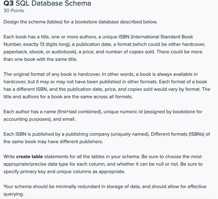 Solved Q3 SQL Database Schema 30 Points Design the schema | Chegg.com