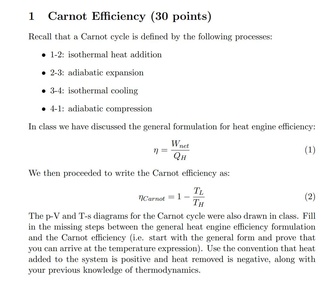Solved 1 Carnot Efficiency (30 points) Recall that a Carnot | Chegg.com
