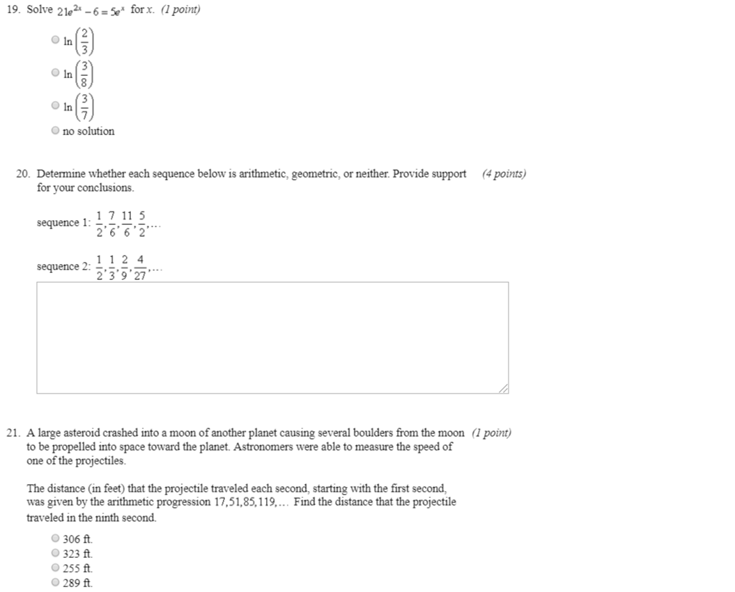 Solved 19. Solve 21e 2* - 6 = 5e* for x. (1 point) o in no | Chegg.com