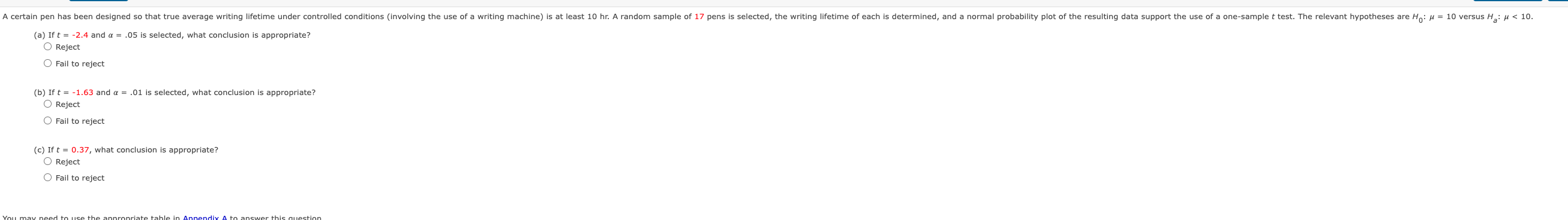 Solved (a) If t=−2.4 and α=.05 is selected, what conclusion | Chegg.com